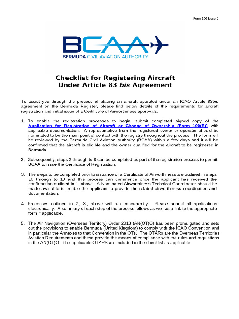Checklist For Registering Aircraft Under An Article 83 Bis Agreement ...