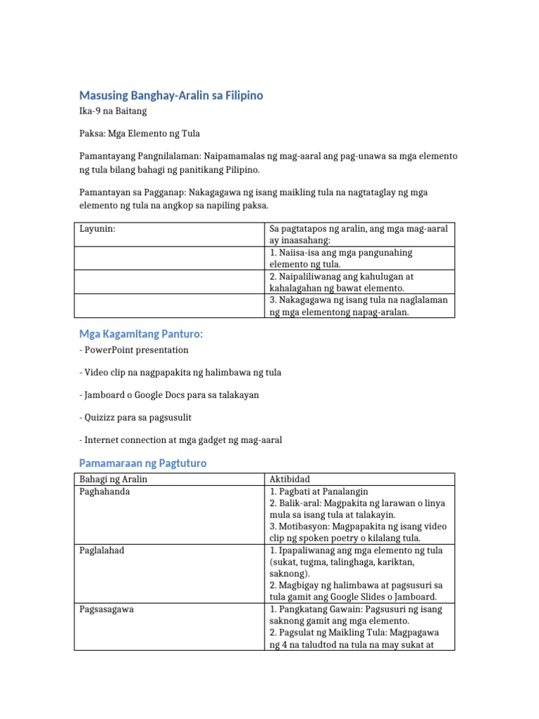 Masusing Banghay-Aralin Elemento NG Tula | PDF