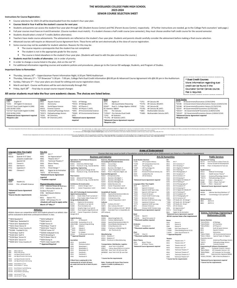 Senior Course Selection Sheet 2023 2024 | PDF | Section 504 Of The ...