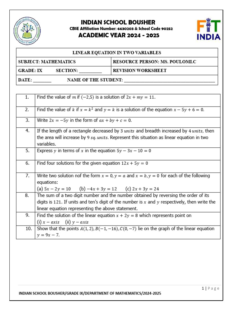 Isb - Linear Eq in Two Variables - Revision Worksheet | PDF