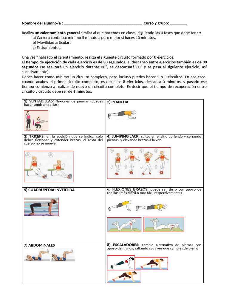 Circuito de Ejercicios para Educación Física | PDF