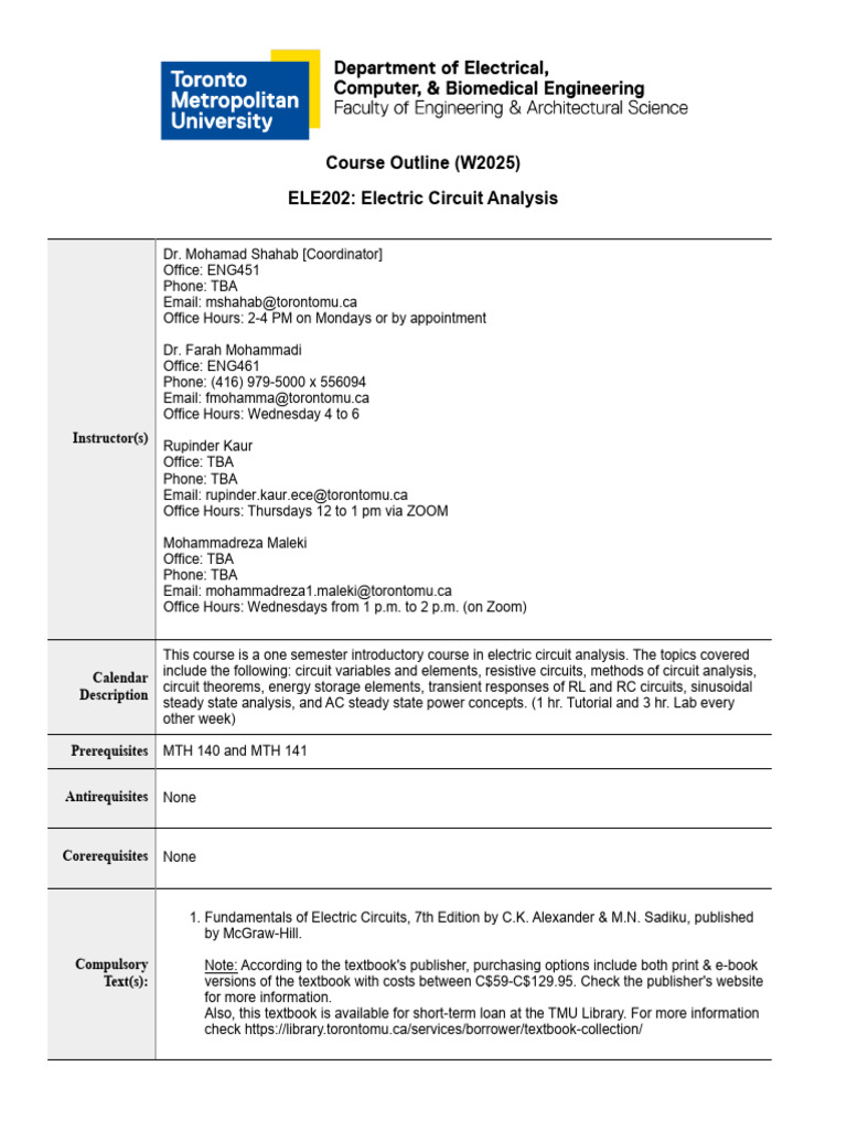 ELE202 W2025 CourseOutline - Updated2 | PDF | Electrical Network ...