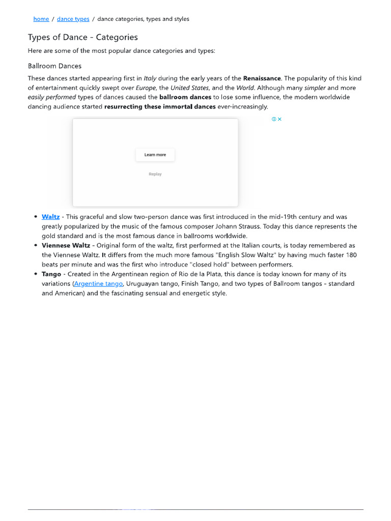 Types of Dance – Dance Types, Categories and Styles | PDF