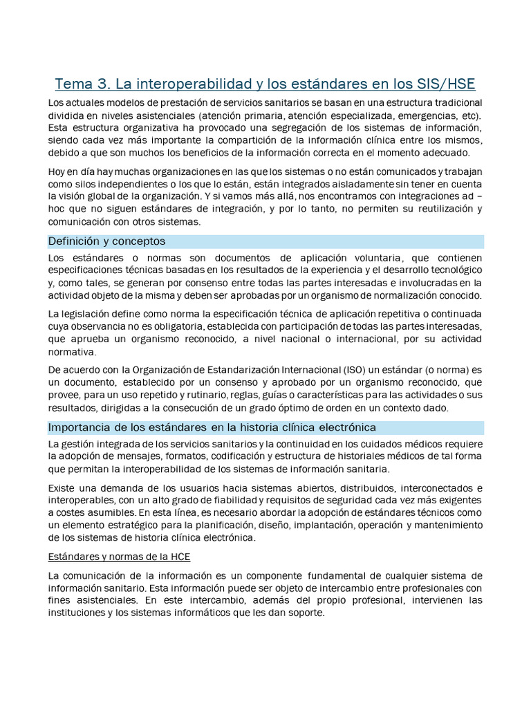 Tema 3. Estándares en Salud. Interoperabilidad | PDF | Estandarización | Registro Electrónico de ...