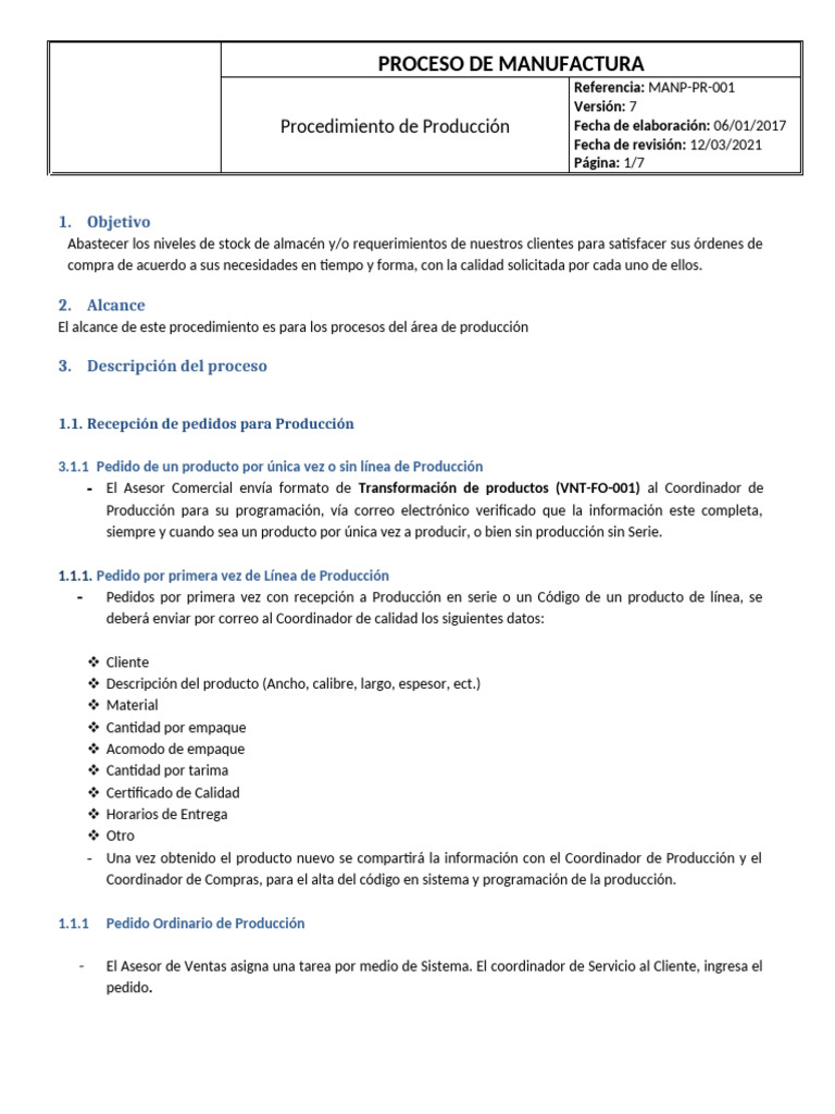 MANP-PR-001 Ver. 7 Procedimiento de Producción | PDF | Calidad ...