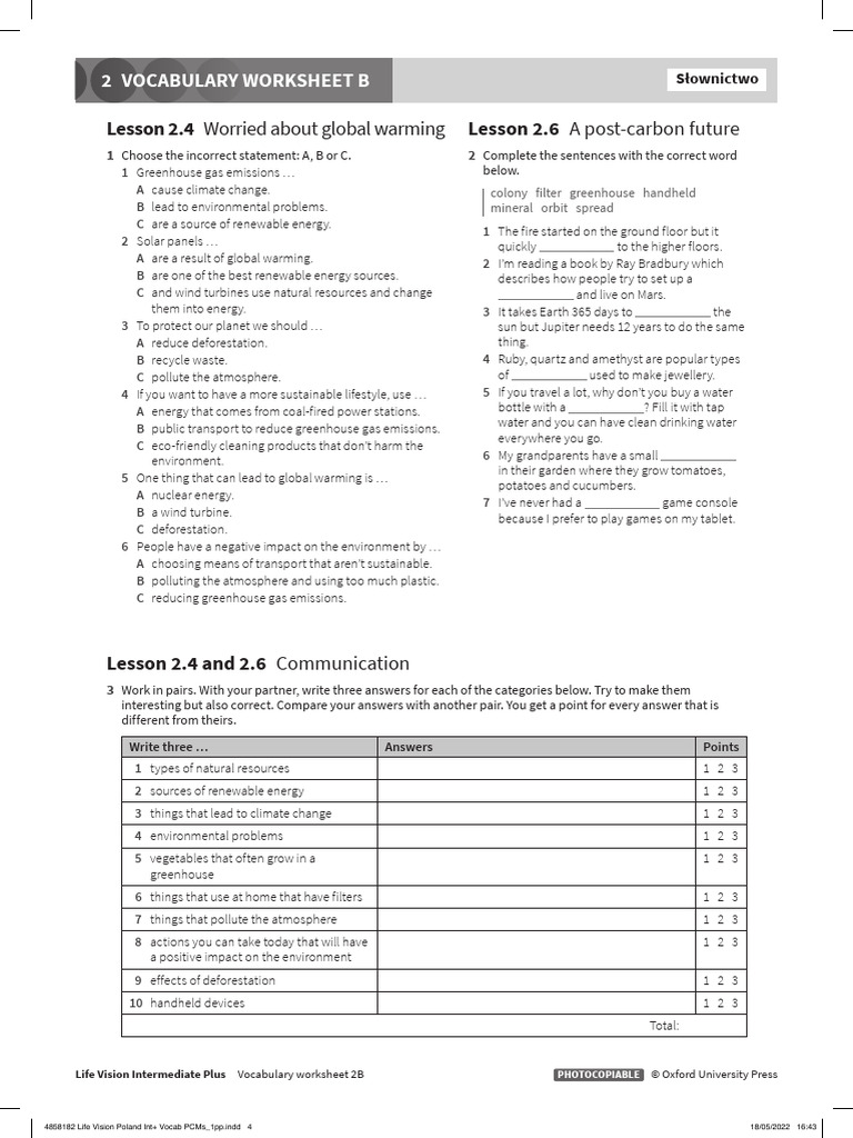 Life Vision Int Plus Vocab Worksheet B U2 | PDF | Climate Change | Human Impact On The Environment