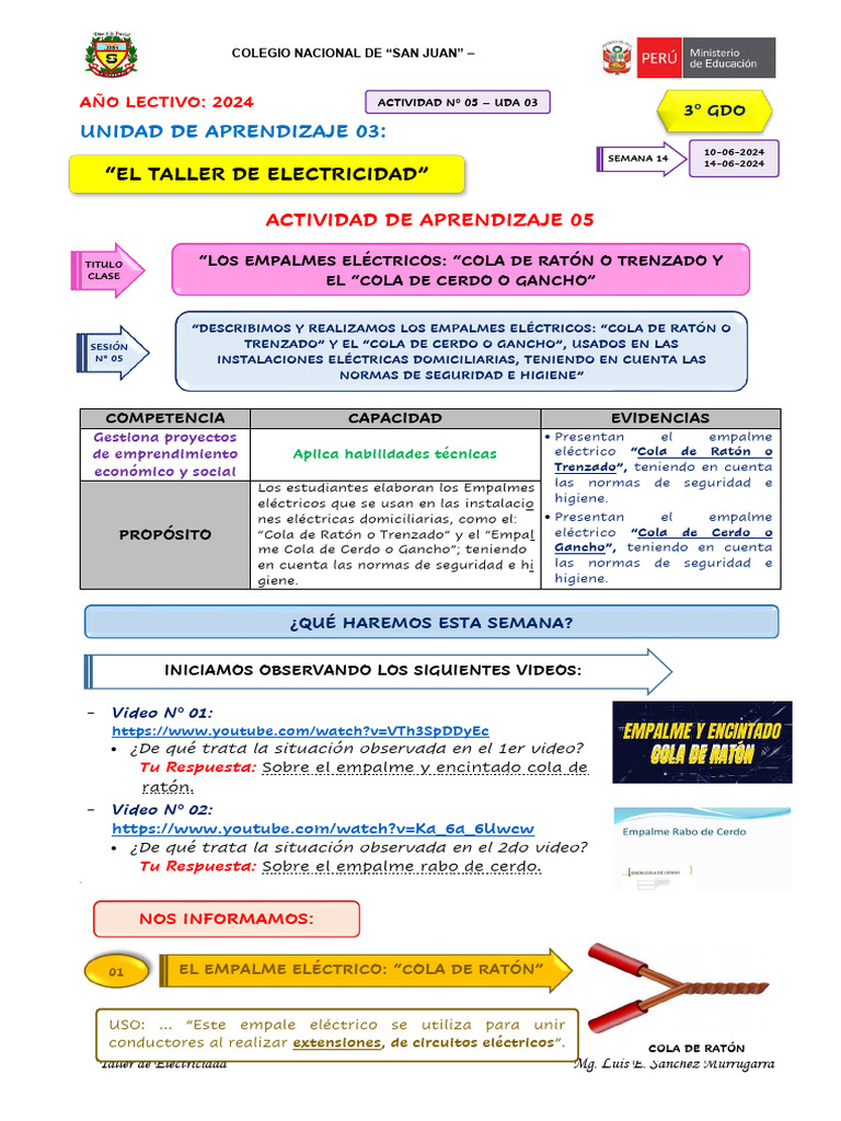 ACTIVIDAD N° 05 UDA 03-EPT 3° - 2024 | PDF | Aislador (Electricidad) | Cable