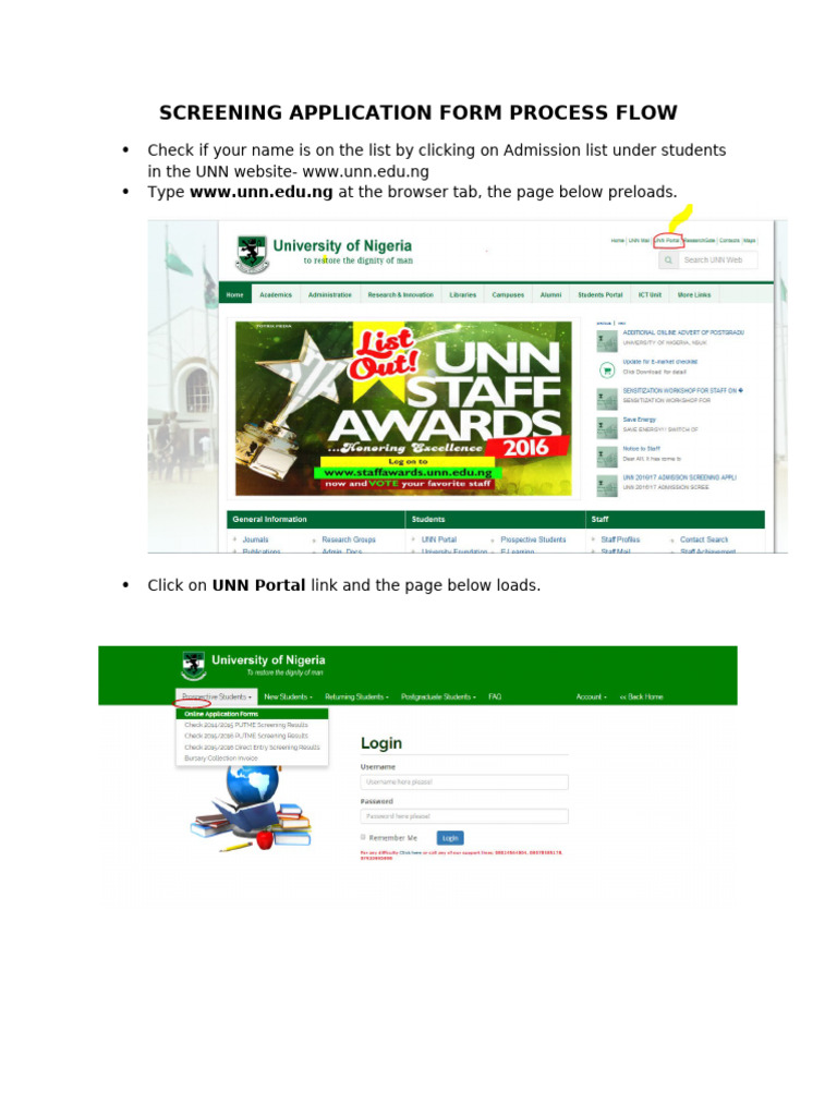 Unn Admission Screening Application Form Process Flow | PDF