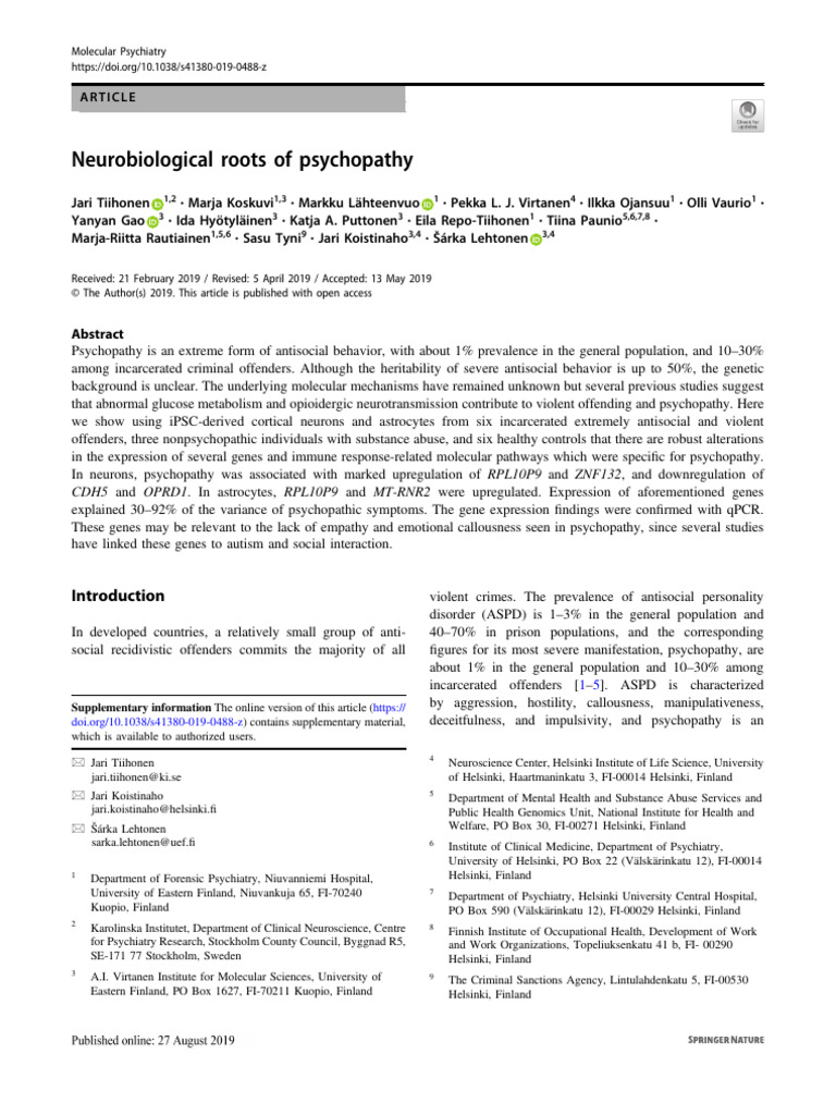 Neurobiological roots of psychopathy | PDF | Antisocial Personality Disorder | Psychopathy