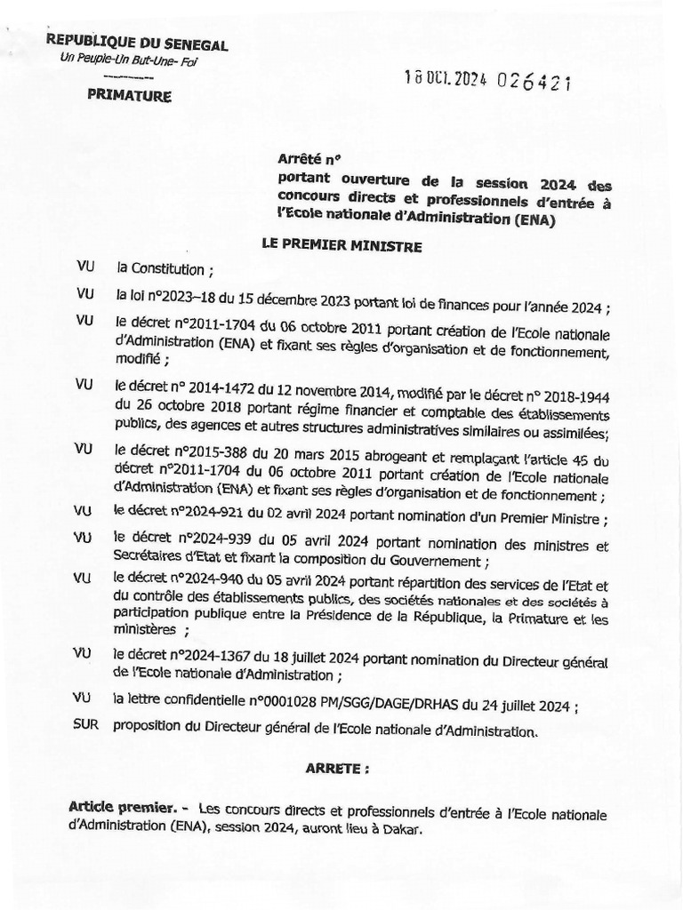 ENA Arr t Portant Ouverture Du Concours d Entr e 1729546252 | PDF