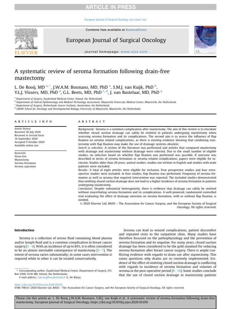 Seroma Post Mastectomy | PDF | Mastectomy | Surgery