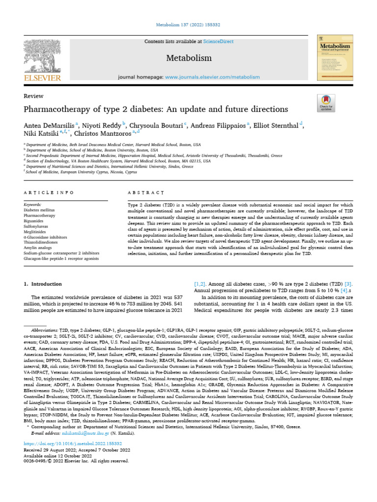 Pharmacotherapy of Type 2 Diabetes An Update and Future Directions ...