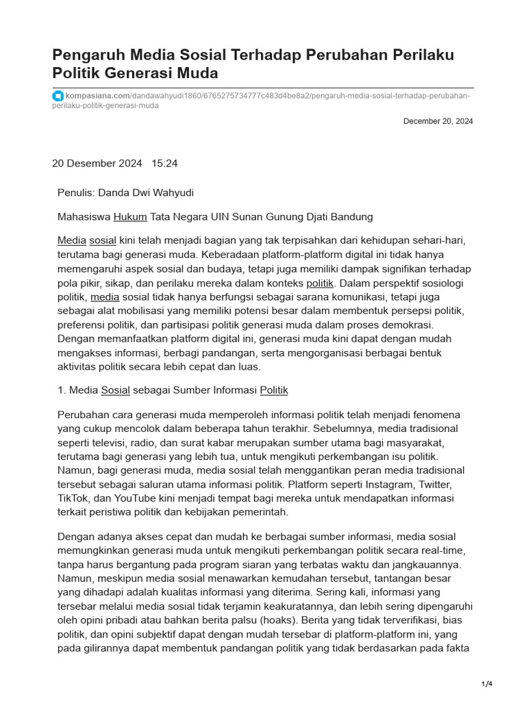 Pengaruh Media Sosial Terhadap Perubahan Perilaku Politik Generasi Muda | PDF