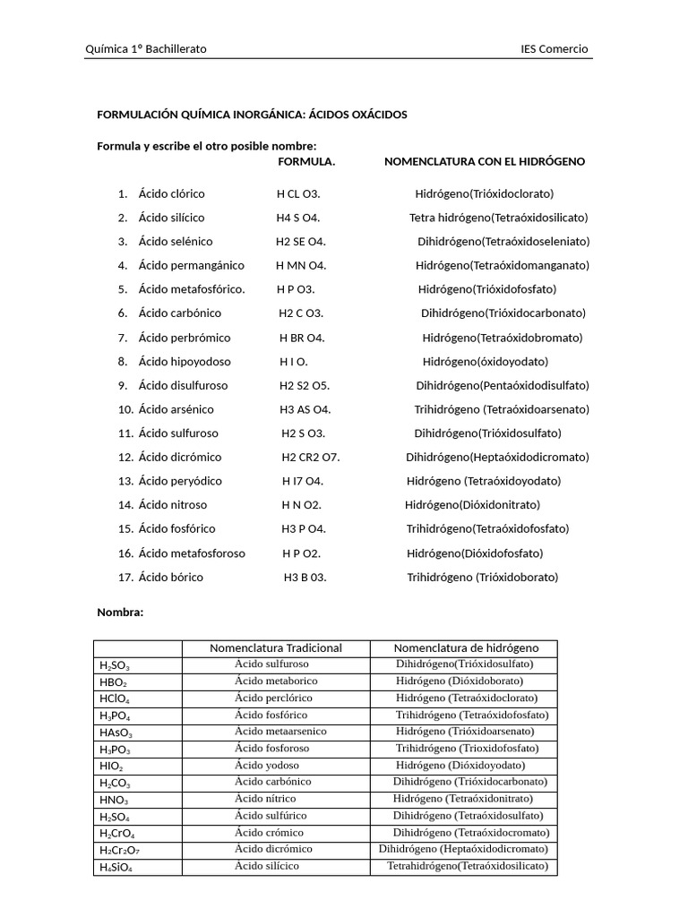 Ejercicios Oxoácidos y Oxisales | PDF | Ácido | Hidrógeno