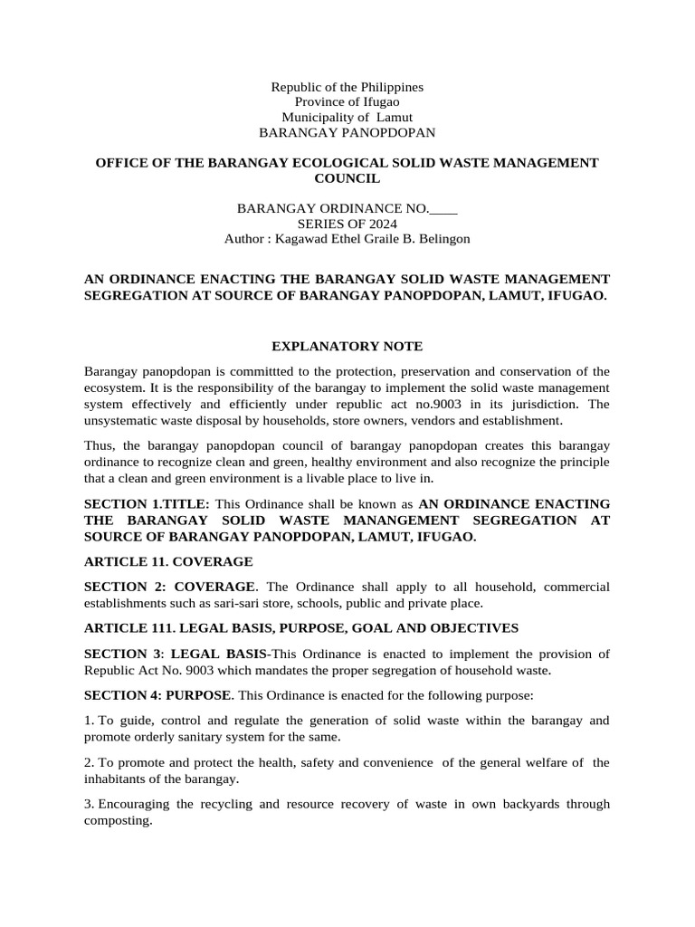 Barangay Ordinance no-SEGREGETION AT SOURCE | PDF | Waste Management | Municipal Solid Waste