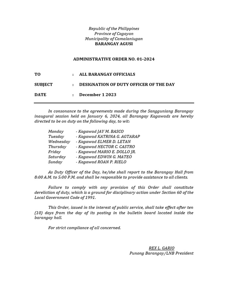 1 Administrative Order For Duty Officer of The Day | PDF