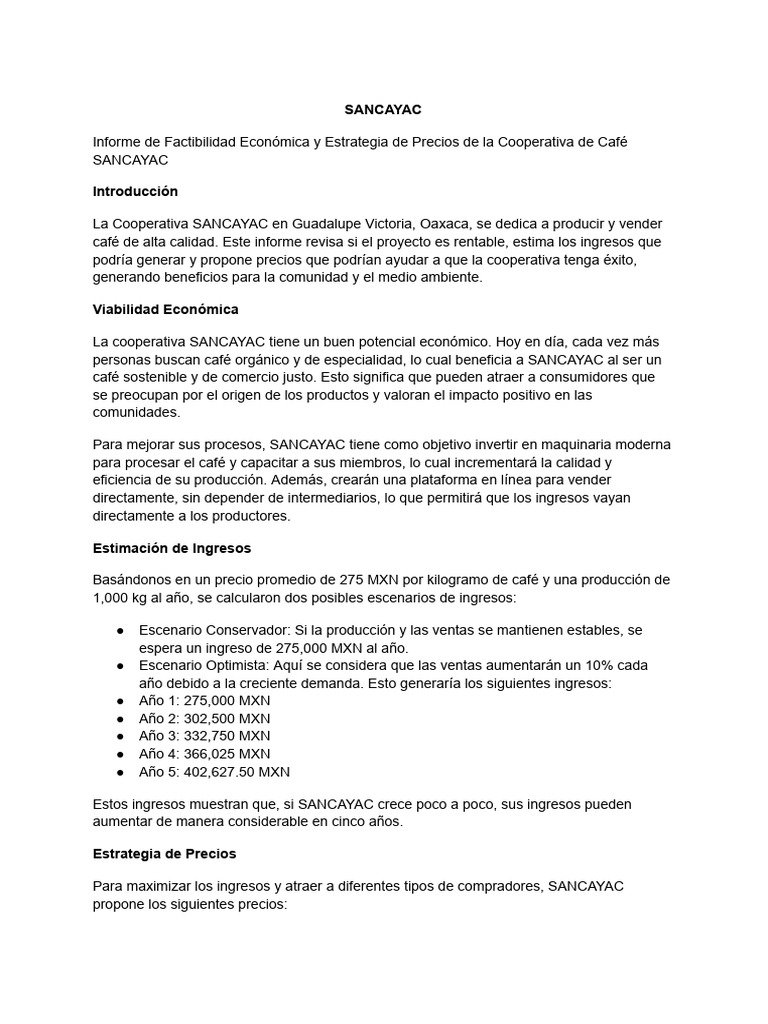 Informe de Factibilidad Económica | PDF | café | Precios