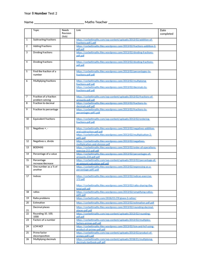 Year 8 Number Test 2 STUDENT SELF-ASSESSMENT | PDF | Numbers | Percentage