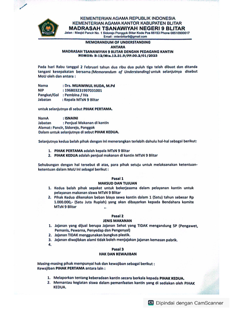 MOU Dengan Kantin. Madrasah | PDF