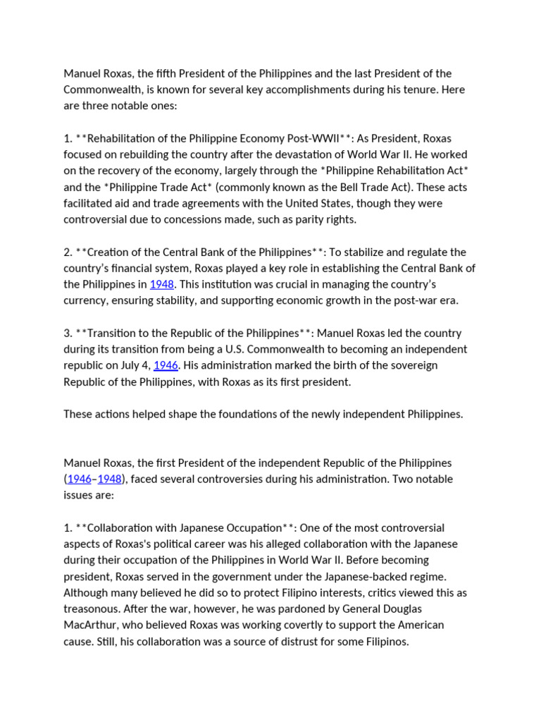 Manuel Roxas | PDF | Philippines | Economies