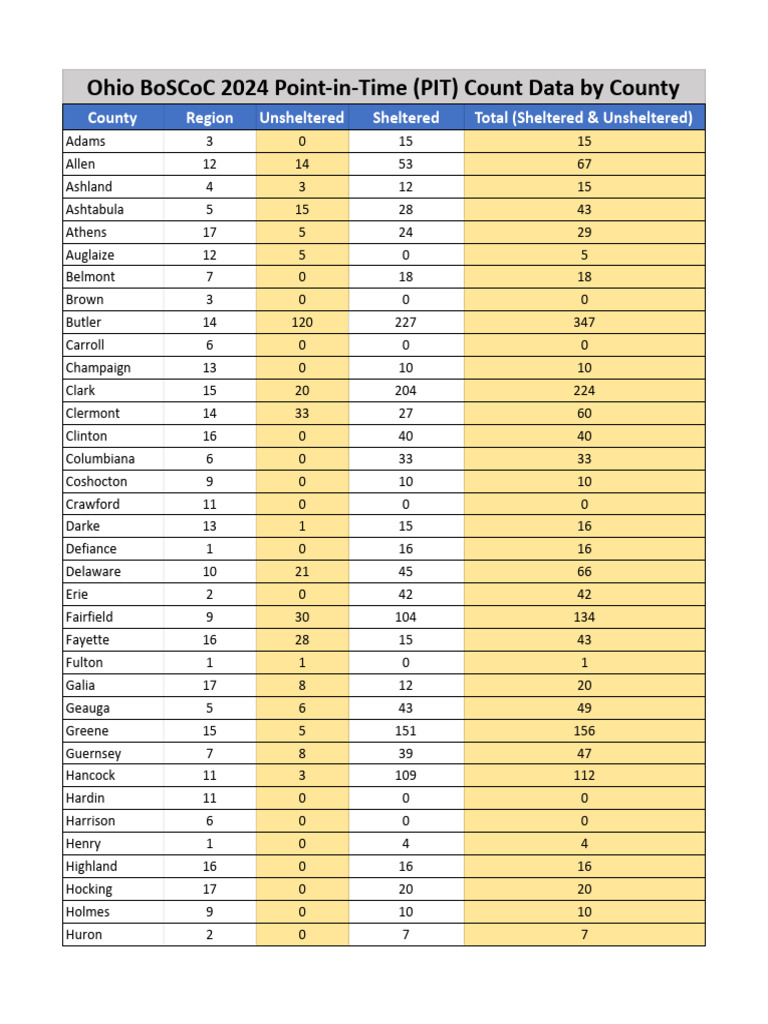 Ohio BoSCoC 2024 Point-In-Time (PIT) Count Data by County | PDF | Ohio
