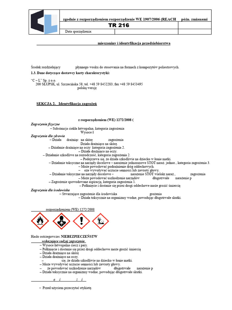 Msds - TR-216 (Wysokotemperaturowy Ciekly Rozdzielacz) 3,7L | PDF