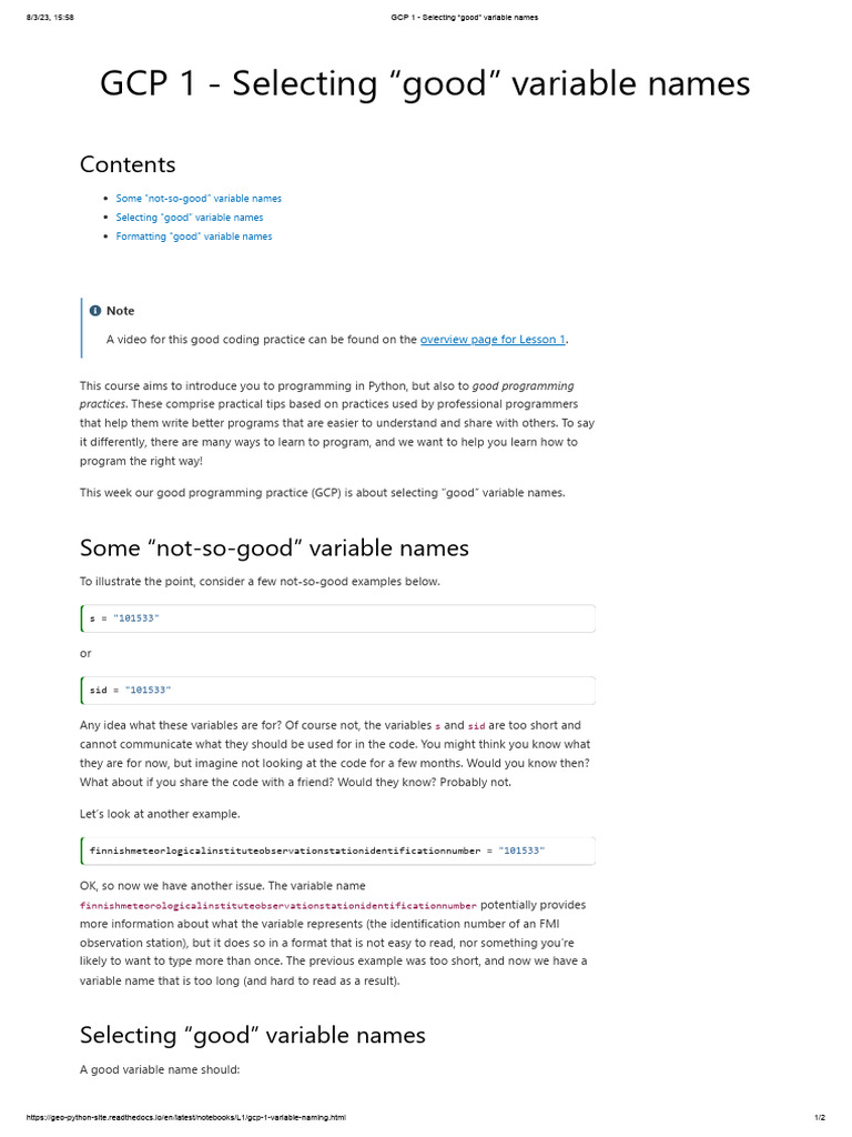 LESSON1 - 4 - GCP1-Selecting Good Variable Names | PDF | Reserved Word ...