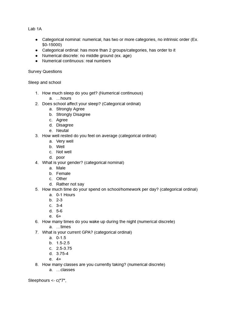 Survey Analysis on Sleep and School Impact | PDF | Categorical Variable | Statistical Data Types