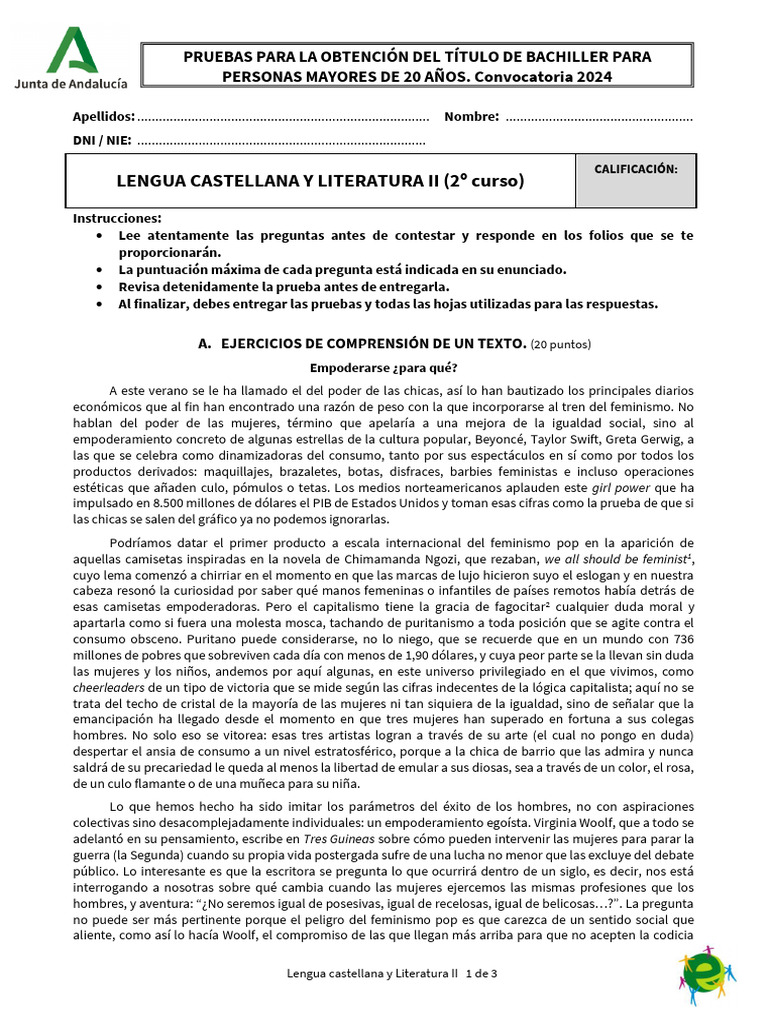 Examen de Bachiller para Mayores de 20 | PDF | Amor | Feminismo