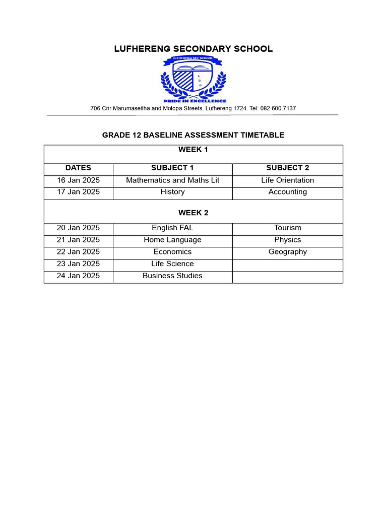 Baseline Assessment Timetable | PDF