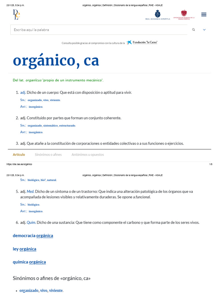 Definición de "Orgánico" en el DLE | PDF | Diccionario