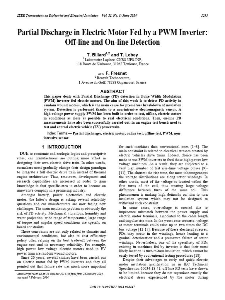 Partial Discharge in Electric Motor Fed by A PWM Inverter Off-Line and On-Line Detection | PDF ...