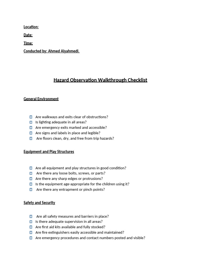 Hazard Observation Walkthrough Checklist | PDF