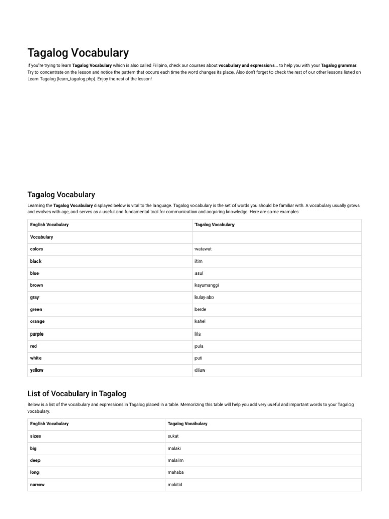 Tagalog Vocabulary | PDF | Taste | Vocabulary