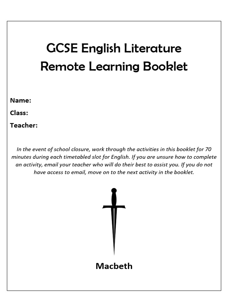 English GCSE English Literature Macbeth Remote Learning Booklet Part 3 ...