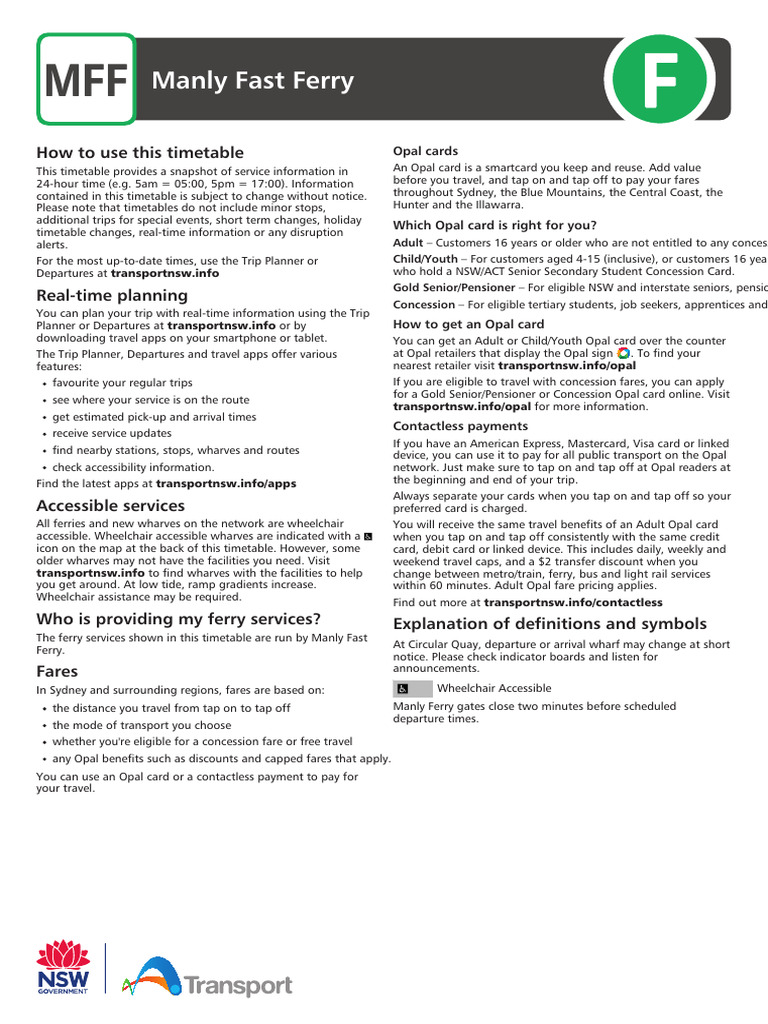 Manly Fast Ferry Timetable Guide | PDF | Payments | Banking Technology