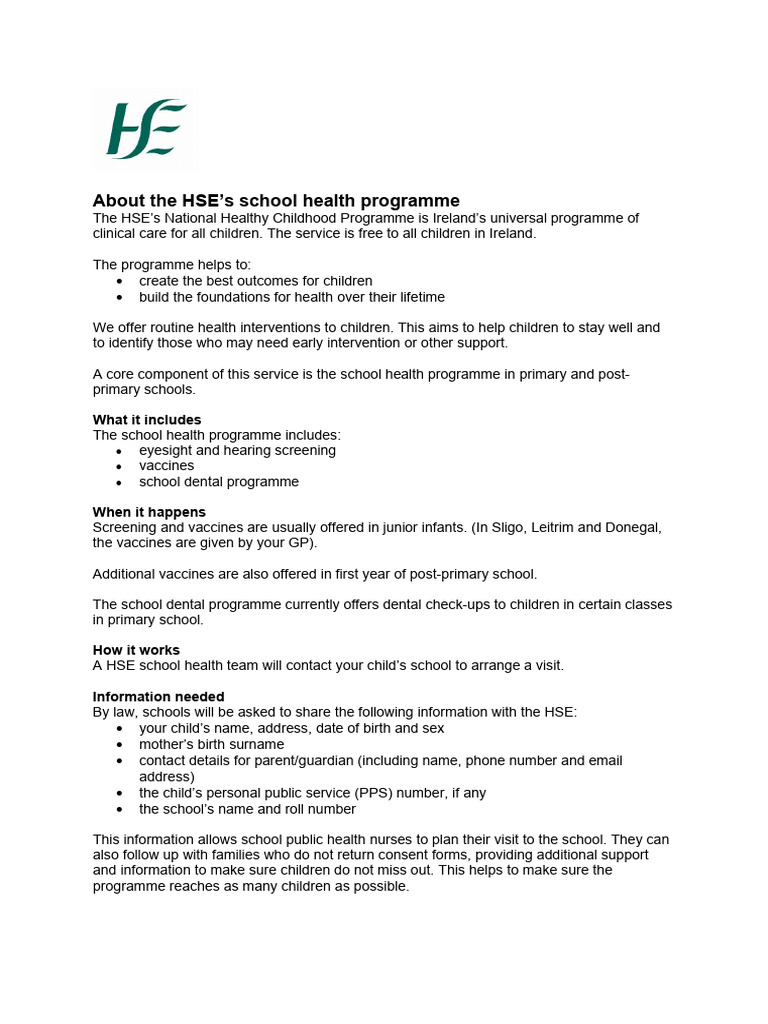 HSE Note To Parents - English | PDF | Health Care | Childhood