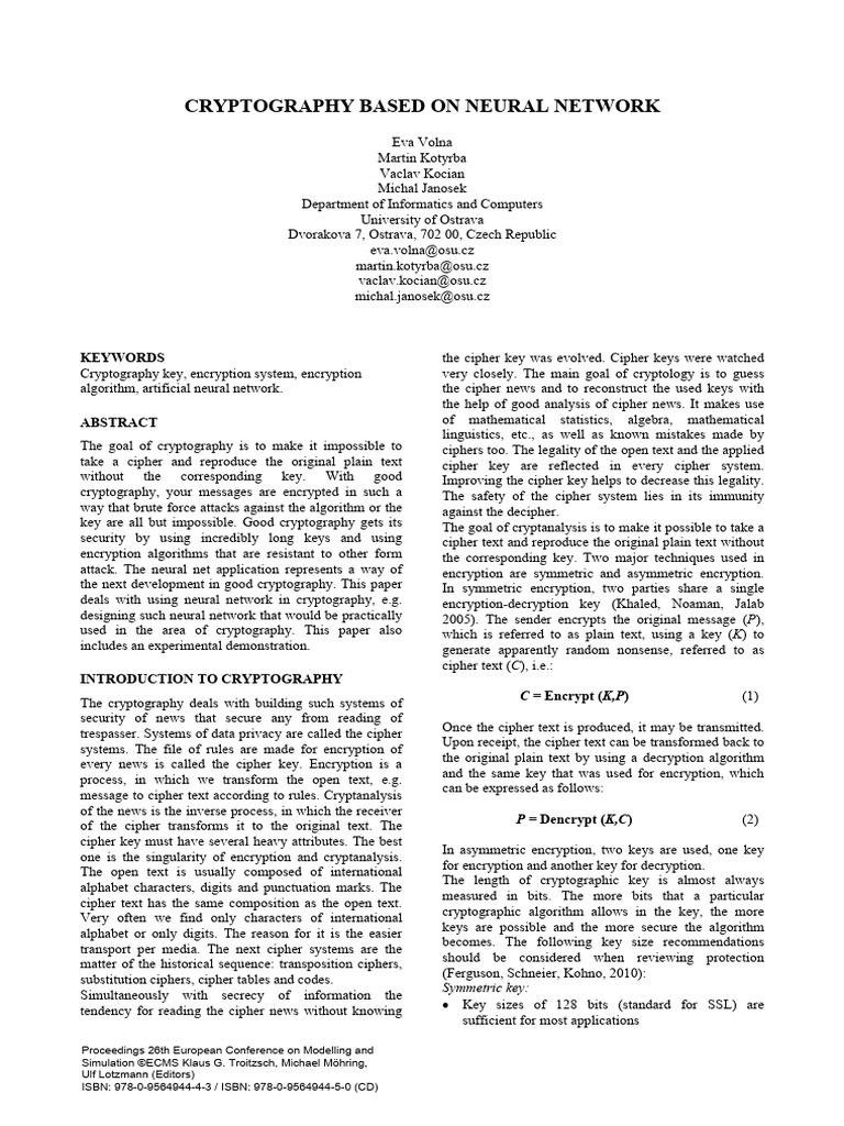 Neural Network Cryptography | PDF | Cryptography | Key (Cryptography)