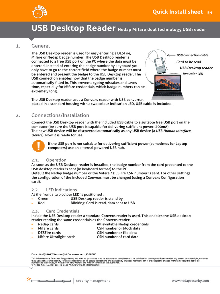 Nedap USB Desktop Reader Manual | PDF | Usb | Desktop Computer