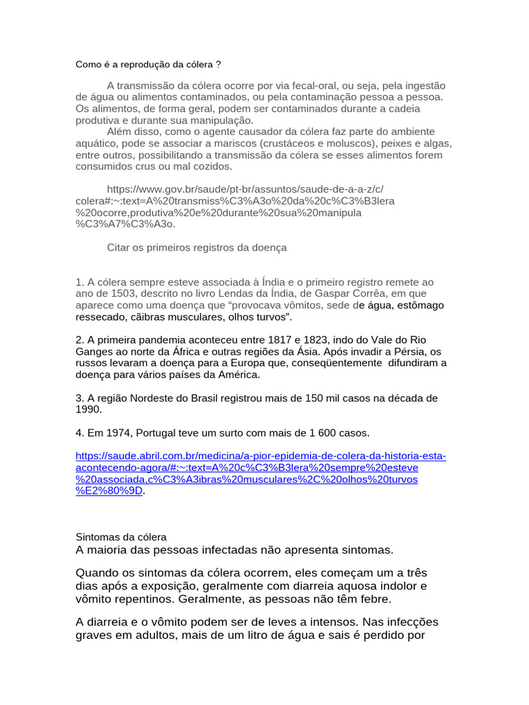 Como É A Reprodução Da Cólera | PDF | Cólera | Diarreia