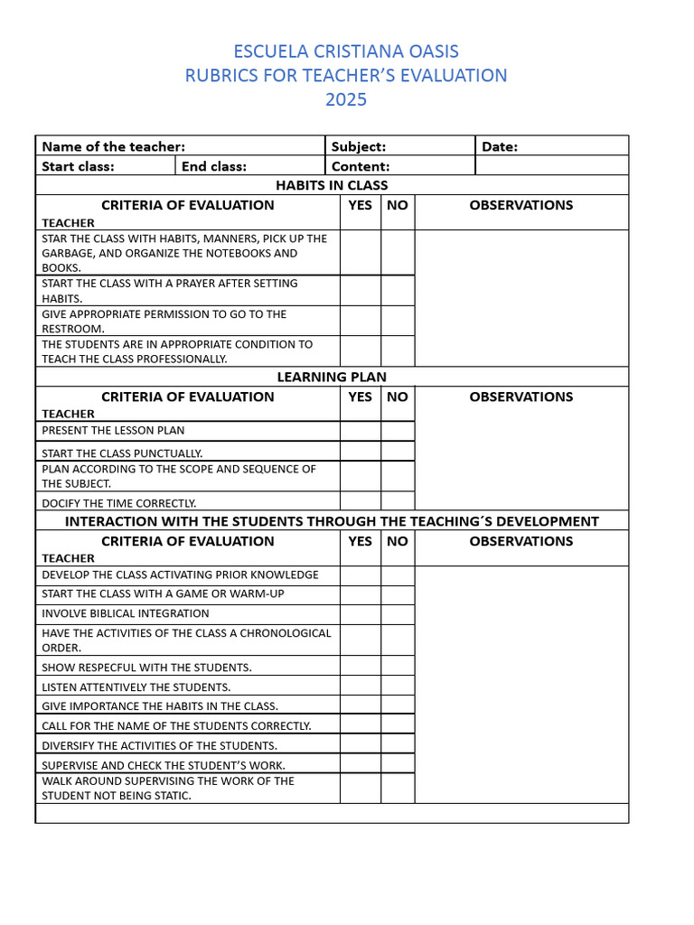 Teacher Evaluation Rubrics 2025 | PDF | Teachers | Evaluation
