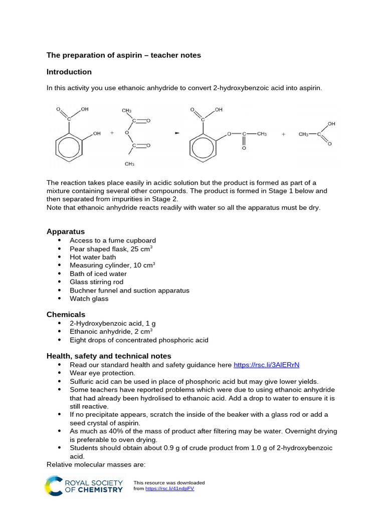 The Preparation of Aspirin - Teacher Notes: This Resource Was ...
