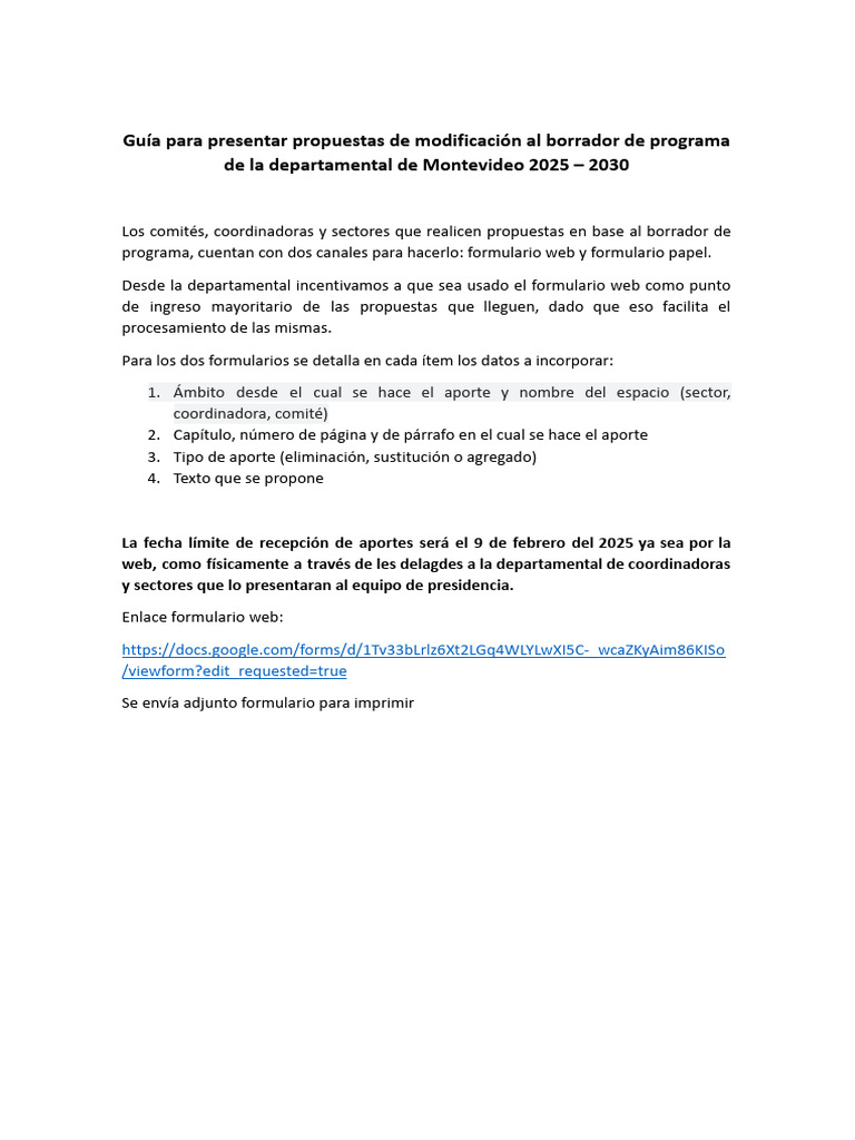 Guía para Presentar Propuestas de Modificación Al Borrador de Programa de La Departamental de ...