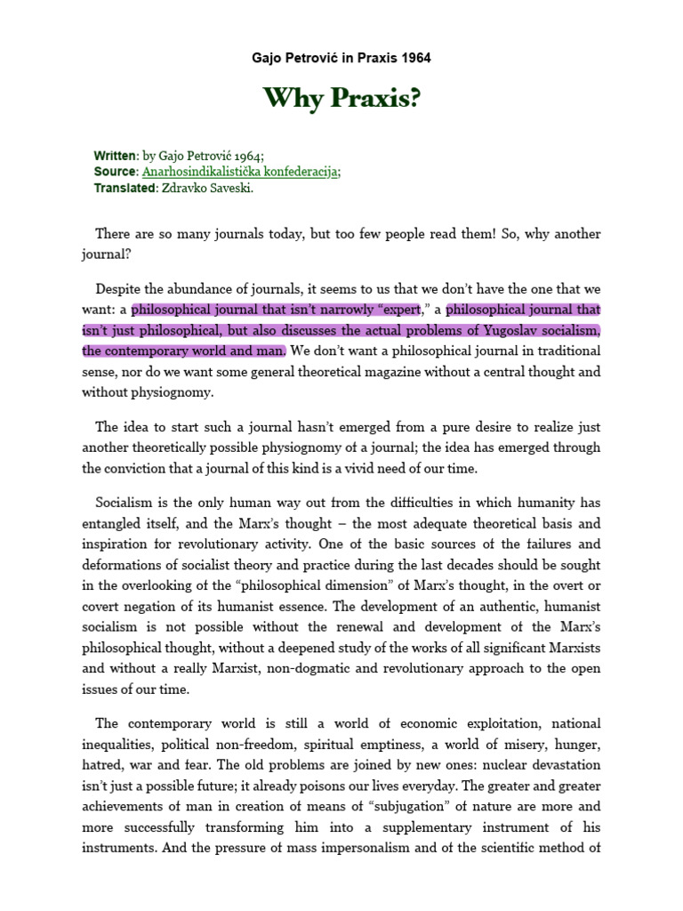 Petrović, Why Praxis | PDF | Praxis (Process) | Marxism