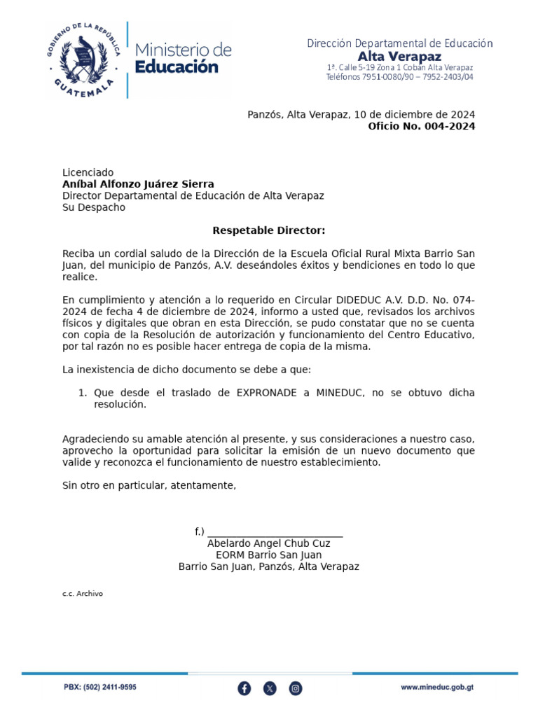 OFICIO DE DIRECTOR... nivel PRIM, por falta de resolucion CREACION Y ...