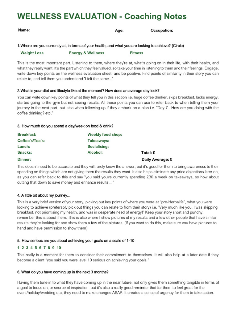 Wellness Evaluation Coaching Guide | PDF