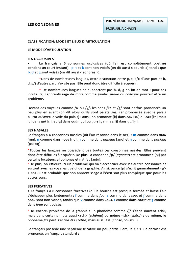 Classification des Consonnes en Français | PDF | Phonétique | Voix humaine