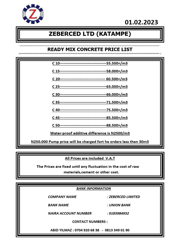 Ready Mix Concrete Price List 2023 | PDF