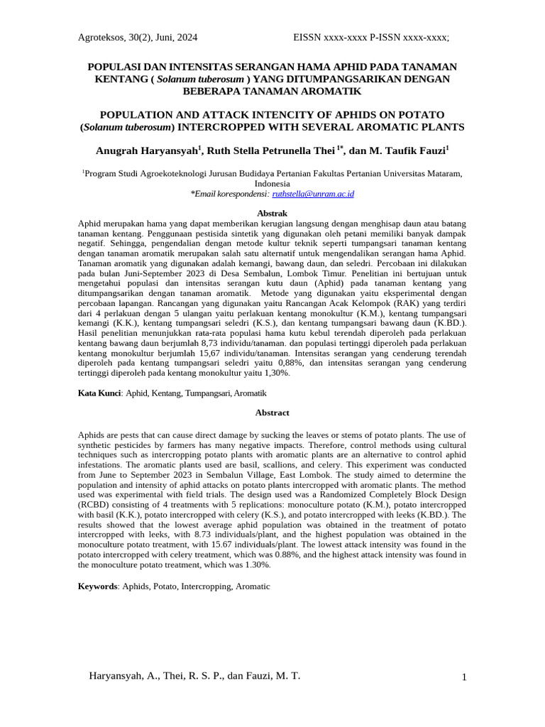 Populasi Dan Intensitas Serangan Hama Aphids Pada Tanaman Kentang | PDF