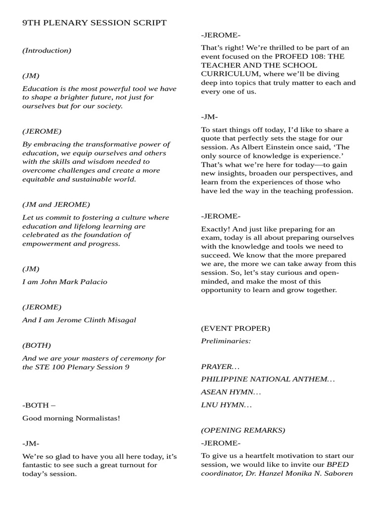 9TH Plenary Session Script | PDF | Intelligence | Behavior Modification